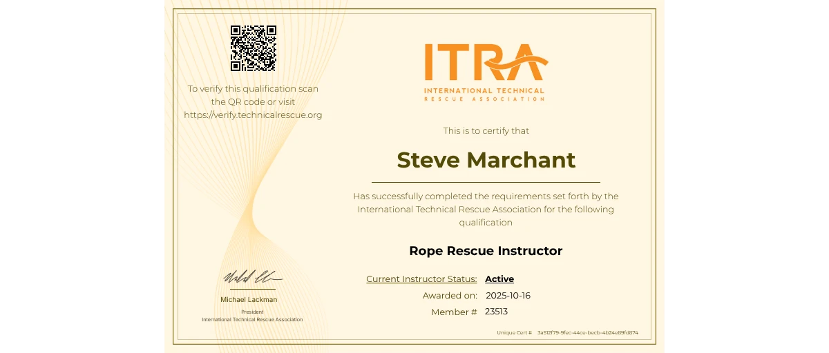 Check out Steve Marchant's Rope Rescue Instructor credential issued by ITRA